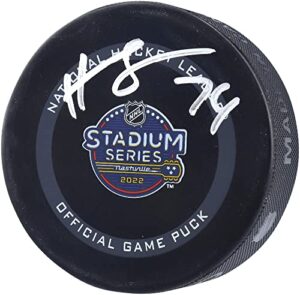 juuse saros nashville predators autographed 2022 stadium series official game puck - autographed nhl pucks