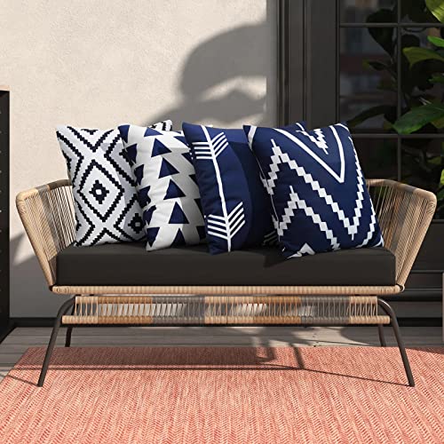 Adabana Set of 4 Outdoor Waterproof Boho Throw Pillow Covers 18 X 18 Inches,Blue and White Geometric Pillow Coves Decorative Cushion Cases Outdoor Throw Pillows for Patio Furniture Garden