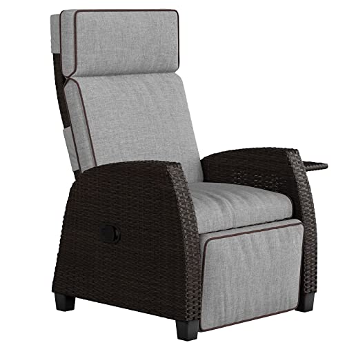 Grand patio Indoor & Outdoor Moor Recliner PE Wicker with Flip Table Push Back Reclining Lounge Chair, Cool Grey