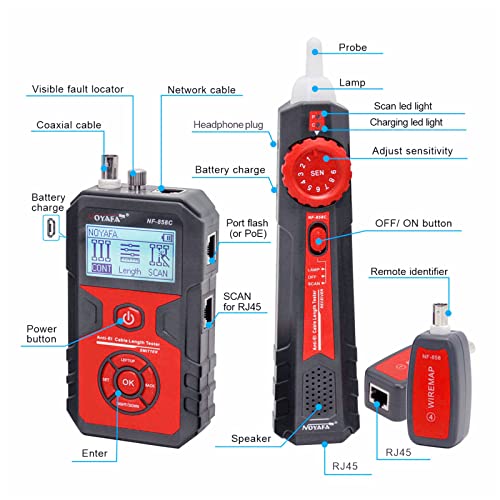 NOYAFA Network Cable Tester with Mapping and VFL Function, RJ11 RJ45 Ethernet Cable Tester POE Tester Cable Toner, Rechargeable Anti-Interference Network Tester for Telephone LAN Coax Cable