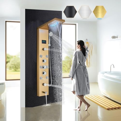 FCOTEEU Brushed Gold Shower Panel with Rainfall Waterfall Shower Head, 6 Adjustable Body Massage Jets Handheld Temperature Dispaly, Wall Mounted Stainless Steel Shower Column Tower