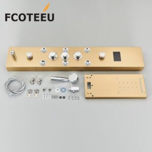 FCOTEEU Brushed Gold Shower Panel with Rainfall Waterfall Shower Head, 6 Adjustable Body Massage Jets Handheld Temperature Dispaly, Wall Mounted Stainless Steel Shower Column Tower