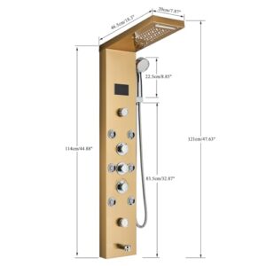 FCOTEEU Brushed Gold Shower Panel with Rainfall Waterfall Shower Head, 6 Adjustable Body Massage Jets Handheld Temperature Dispaly, Wall Mounted Stainless Steel Shower Column Tower