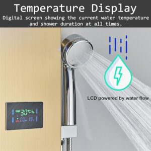 FCOTEEU Brushed Gold Shower Panel with Rainfall Waterfall Shower Head, 6 Adjustable Body Massage Jets Handheld Temperature Dispaly, Wall Mounted Stainless Steel Shower Column Tower