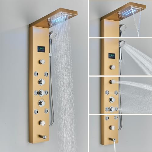 FCOTEEU Brushed Gold Shower Panel with Rainfall Waterfall Shower Head, 6 Adjustable Body Massage Jets Handheld Temperature Dispaly, Wall Mounted Stainless Steel Shower Column Tower