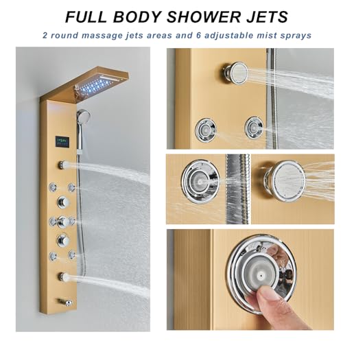 FCOTEEU Brushed Gold Shower Panel with Rainfall Waterfall Shower Head, 6 Adjustable Body Massage Jets Handheld Temperature Dispaly, Wall Mounted Stainless Steel Shower Column Tower