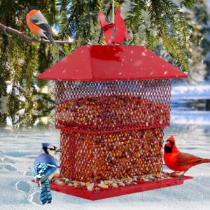 bird feeder for outside hanging squirrel proof bird feeders metal wild bird feeder retractable outdoor feeder with 6 perches for cardinal, finch, chickadee, bluebirds etc(red)