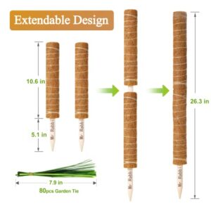 Mr Rabbi - 47.6 Inch Moss Pole for Plants Monstera, 4 Pack 15.7 Inch Coco Coir Moss Poles for Climbing Plants with 80pcs Garden Ties - Plant Support Extension to Grow Upwards