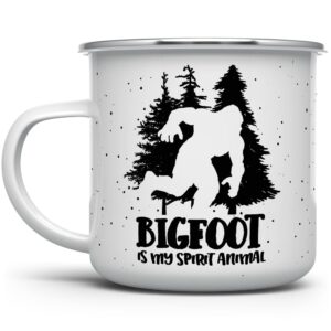 sasquatch lover campfire coffee mug, outdoor camping nature gift, bigfoot is my spirit animal cup (12oz)