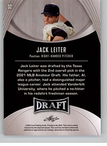 2021 Leaf Draft #32 Jack Leiter RC Rookie Card XRC Draft/Prospect Baseball Card in Raw (NM or Better) Condition