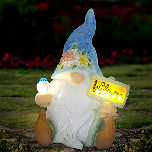 Sinhra Garden Gnome,Resin Gnome Figurine Holding Welcome Sign with Solar LED Lights, Outdoor Statues Garden Decor for Patio Yard Lawn Porch, Gardening Gifts