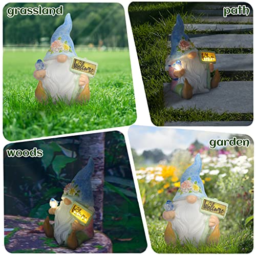 Sinhra Garden Gnome,Resin Gnome Figurine Holding Welcome Sign with Solar LED Lights, Outdoor Statues Garden Decor for Patio Yard Lawn Porch, Gardening Gifts