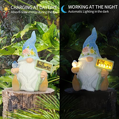 Sinhra Garden Gnome,Resin Gnome Figurine Holding Welcome Sign with Solar LED Lights, Outdoor Statues Garden Decor for Patio Yard Lawn Porch, Gardening Gifts