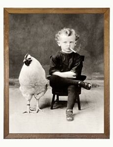 vintage weird boy with chicken poster - retro funny photo picture for bathroom kitchen home office - quirky humorous wall art - funky oddity curiosity room decor - black and white 8x10 unframed gifts