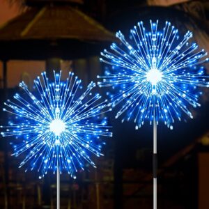 jjgoo solar garden lights solar firework lights, 2 pack 120 leds 2 lighting modes solar lights outdoor waterproof for garden patio walkway pathway party wedding christmas decorative - blue