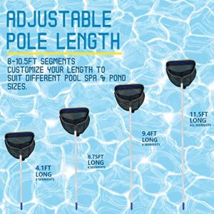 Poolvio Pool Deep Skimmer Net with 3ft - 10ft 1.0mm Thick Adjustable Telescopic Pole & Fine Mesh Bag Leaf Skimmer Rake Net for Above Ground & Inground Swimming Pools, Removes All Debris