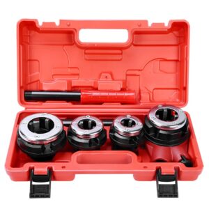 pipe threader kit, manual plumber pipe threading set, ratcheting pipe threading tool set with storage case (4 dies-1/2" 3/4" 1" 1-1/4")