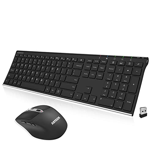 Arteck 2.4G Wireless Keyboard and Mouse Combo Stainless Full Size Keyboard and Ergonomic Mouse with Side Buttons for Computer Desktop PC Laptop and Windows 11/10/8/7 Build in Rechargeable Battery