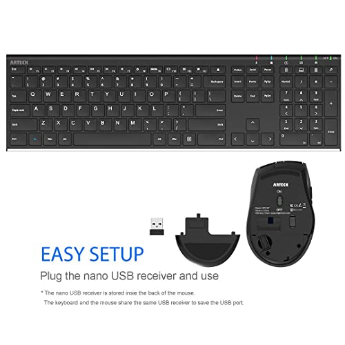 Arteck 2.4G Wireless Keyboard and Mouse Combo Stainless Full Size Keyboard and Ergonomic Mouse with Side Buttons for Computer Desktop PC Laptop and Windows 11/10/8/7 Build in Rechargeable Battery