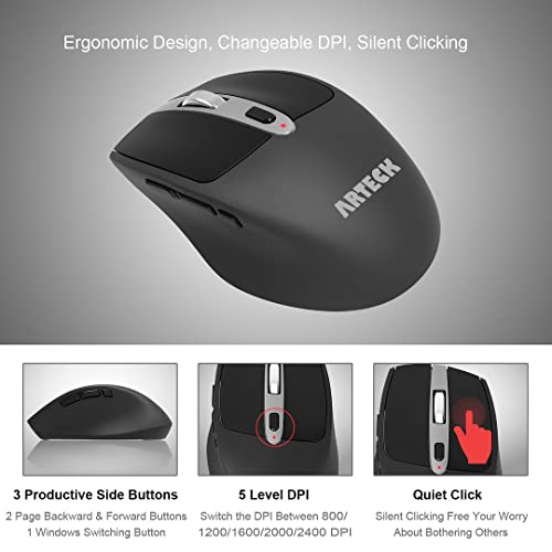 Arteck 2.4G Wireless Keyboard and Mouse Combo Stainless Full Size Keyboard and Ergonomic Mouse with Side Buttons for Computer Desktop PC Laptop and Windows 11/10/8/7 Build in Rechargeable Battery