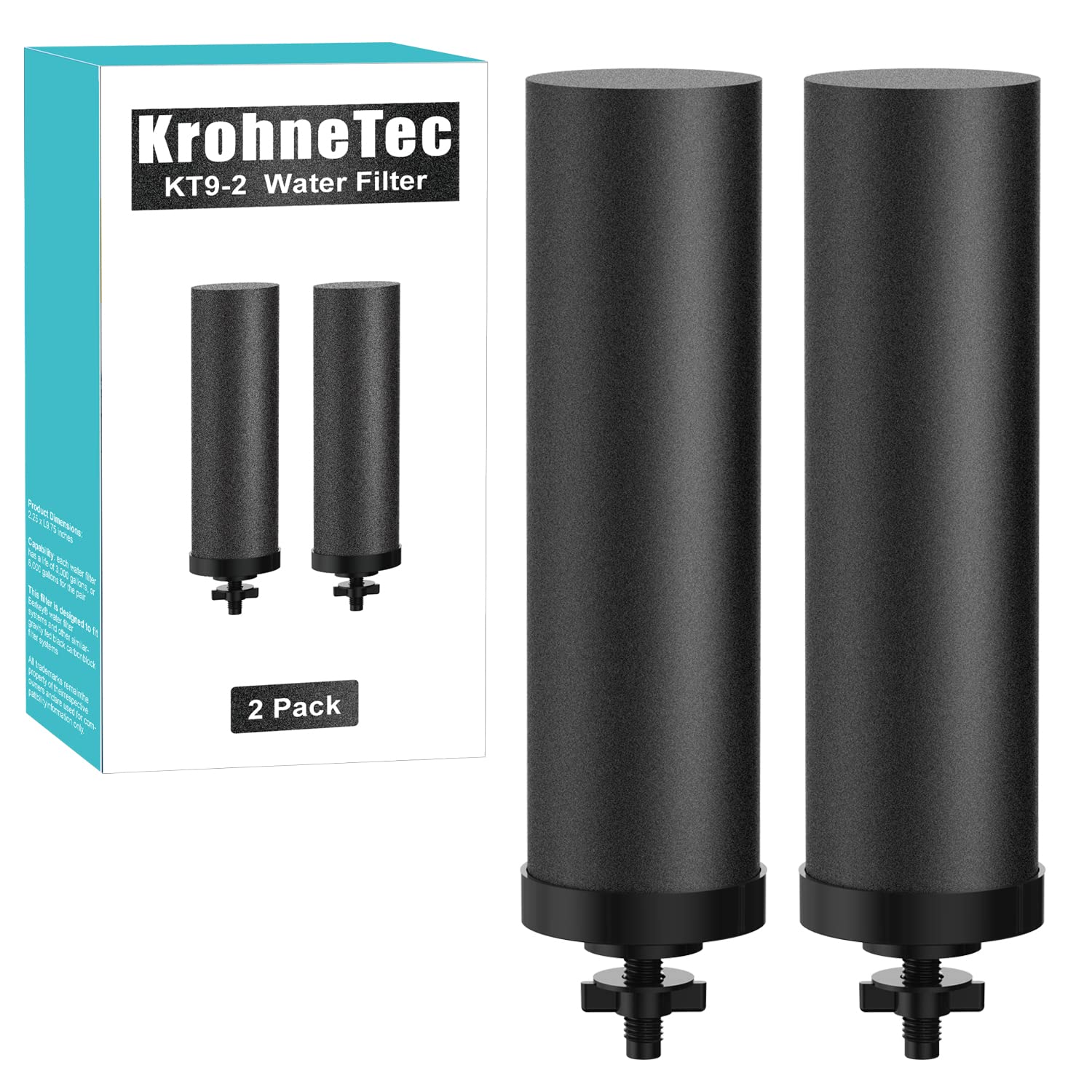 KrohneTec BB9-2 Water Filters Black Purification Elements, for use with Gravity-Fed Water Filter Systems (2 Pack)