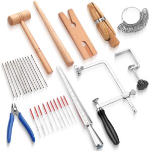 jewelers tools set including jeweler saw frame bench pin clamp diamond needle file wooden ring clamp and ring sizer mandrel measuring tool jeweler's mallet hammer stick for jewelry making