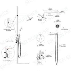 SR SUN RISE Shower Faucet - 3 Function High Pressure 10 Inch Shower Head System- 6 Setting Handheld Shower Head Fixtures- Valve Included - Brushed Nickel