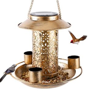 solar bird feeder for outdoors hunging, mousike solar metal waterproof outside wild bird feeders,cardinals hummingbird feeders, garden backyard decoration,gifts for bird lovers (bronze 1pack)…