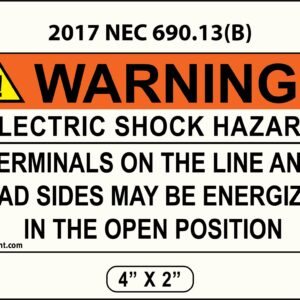 Photovoltaic Labels for PV Solar System _"Warning_Electric Shock Hazard_TERMINALS ON The LINE and Load Sides May BE Energized in The Open Position" _4" x 2" _Pack of 10