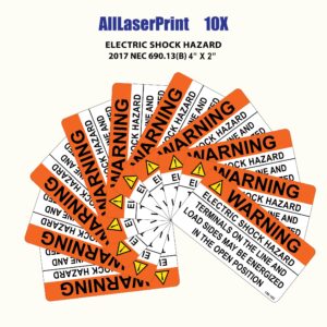 Photovoltaic Labels for PV Solar System _"Warning_Electric Shock Hazard_TERMINALS ON The LINE and Load Sides May BE Energized in The Open Position" _4" x 2" _Pack of 10