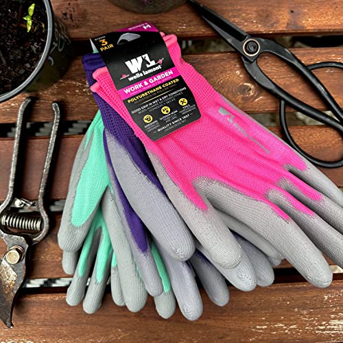 Wells Lamont 3 Pair Pack Women’s Gardening Gloves | PU Coated Grip Work Gloves| Each Pack Includes Pink, Green, Purple | Medium (413MF)