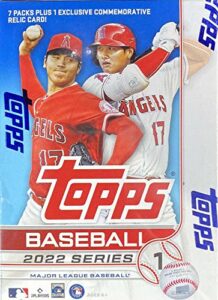 2022 topps series 1 factory sealed blaster box of packs with 99 cards including one exclusive commemorative relic card and possible rookies autographs and jersey cards