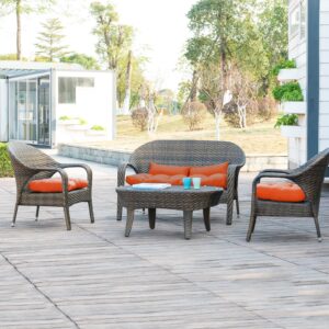 QILLOWAY Outdoor Patio Wicker Seat Cushions Group Loveseat/Two U-Shape/Two Lumbar Pillows for Patio Furniture,Wicker Loveseat,Bench,Porch,Settee of 5 (Orange)