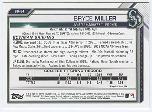 2021 Bowman Draft #BD-64 Bryce Miller RC Rookie Seattle Mariners MLB Baseball Trading Card