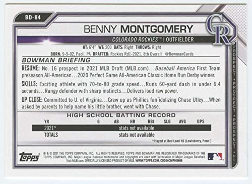 2021 Bowman Draft #BD-84 Benny Montgomery RC Rookie Colorado Rockies MLB Baseball Trading Card