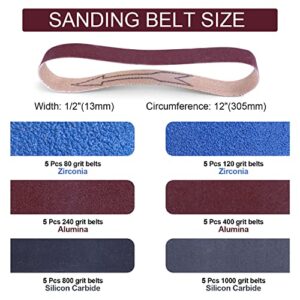 30 PCS 1/2" x 12" Knife Sharpener Replacement Sanding Belts Kit, 5 Each of 80/120/240/400/800/1000 Grits, Flat Seam Sanding Belt Set for Ken Onion Edition Sharpening Knives, Metal Polishing&Derusting