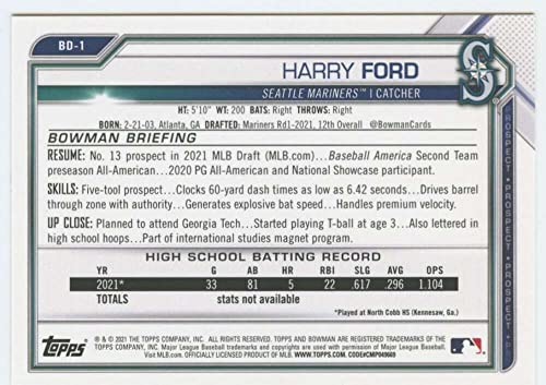 2021 Bowman Draft #BD-1 Harry Ford RC Rookie Seattle Mariners MLB Baseball Trading Card