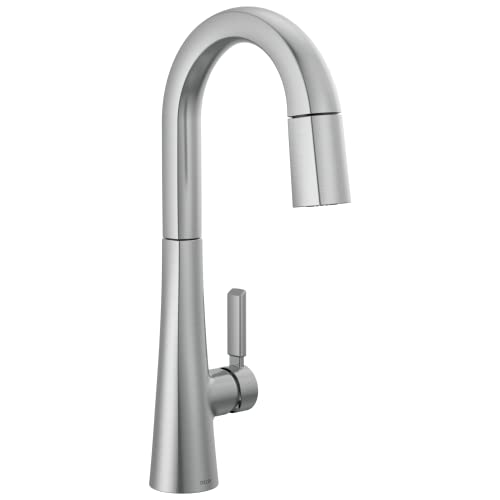 Delta Faucet Monrovia Bar Faucet Brushed Nickel, Bar Sink Faucet Single Hole, Wet Bar Faucets with Pull Down Sprayer, Prep Sink Faucet, Faucet for Bar Sink, Lumicoat Arctic Stainless 9991-AR-PR-DST