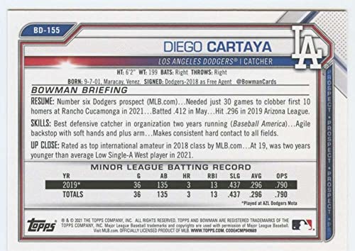 2021 Bowman Draft #BD-155 Diego Cartaya RC Rookie Los Angeles Dodgers MLB Baseball Trading Card