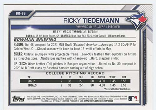 2021 Bowman Draft #BD-89 Ricky Tiedemann RC Rookie Toronto Blue Jays MLB Baseball Trading Card