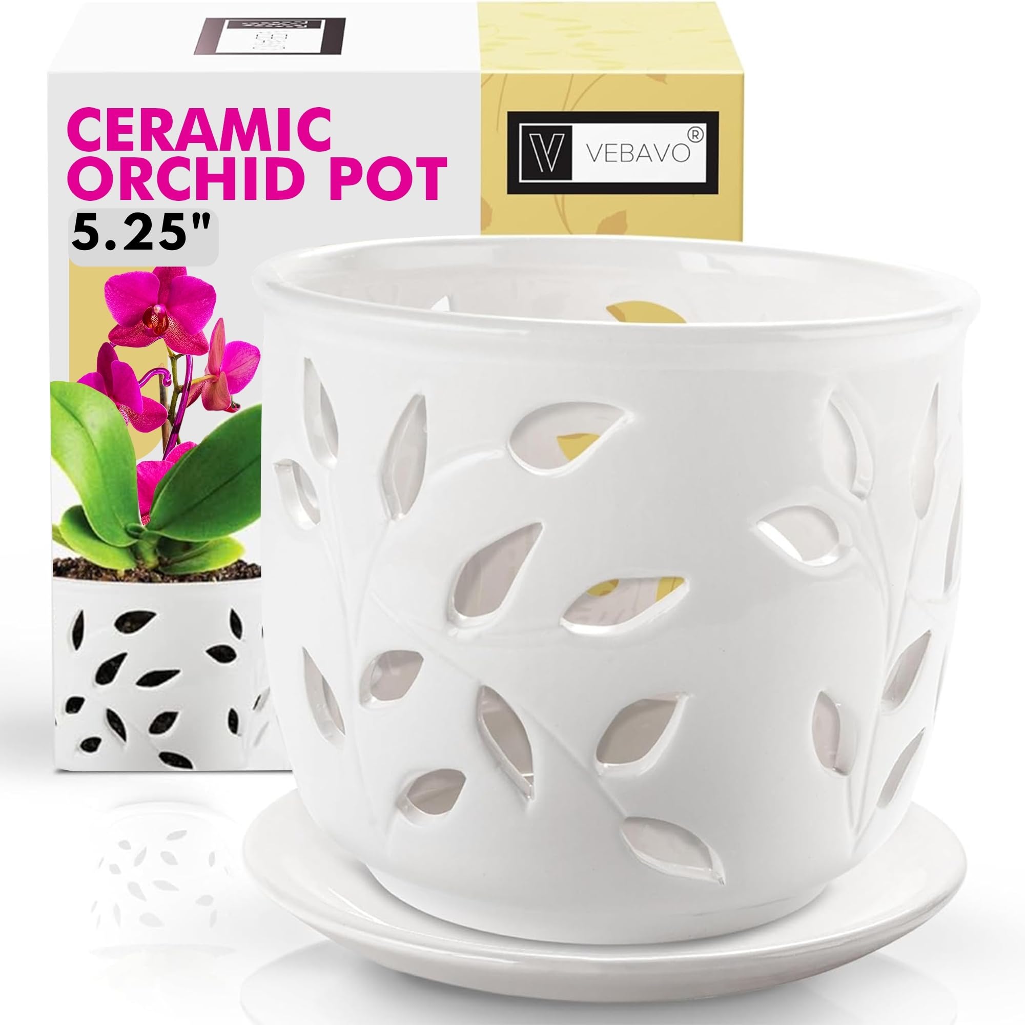 VEBAVO Large Ceramic Orchid Pot with Holes & Saucer 5.25 in. Indoor or Outdoor Pot for Orchid Care & Root Health with Precise Aeration & Drainage – Durable for Repotting or New Plants