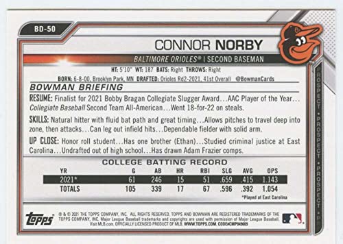 2021 Bowman Draft #BD-50 Connor Norby RC Rookie Baltimore Orioles MLB Baseball Trading Card