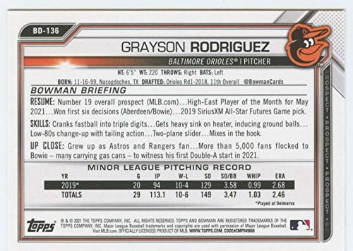 2021 Bowman Draft #BD-136 Grayson Rodriguez RC Rookie Baltimore Orioles MLB Baseball Trading Card