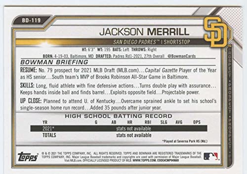 2021 Bowman Draft #BD-119 Jackson Merrill RC Rookie San Diego Padres MLB Baseball Trading Card