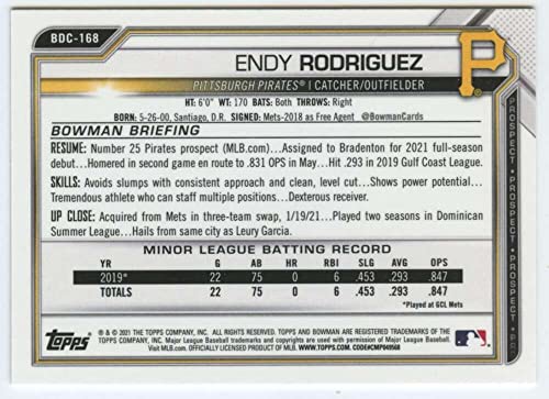 2021 Bowman Chrome Draft #BDC-168 Endy Rodriguez RC Rookie Pittsburgh Pirates MLB Baseball Trading Card