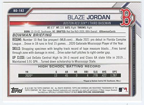 2021 Bowman Draft #BD-182 Blaze Jordan RC Rookie Boston Red Sox MLB Baseball Trading Card