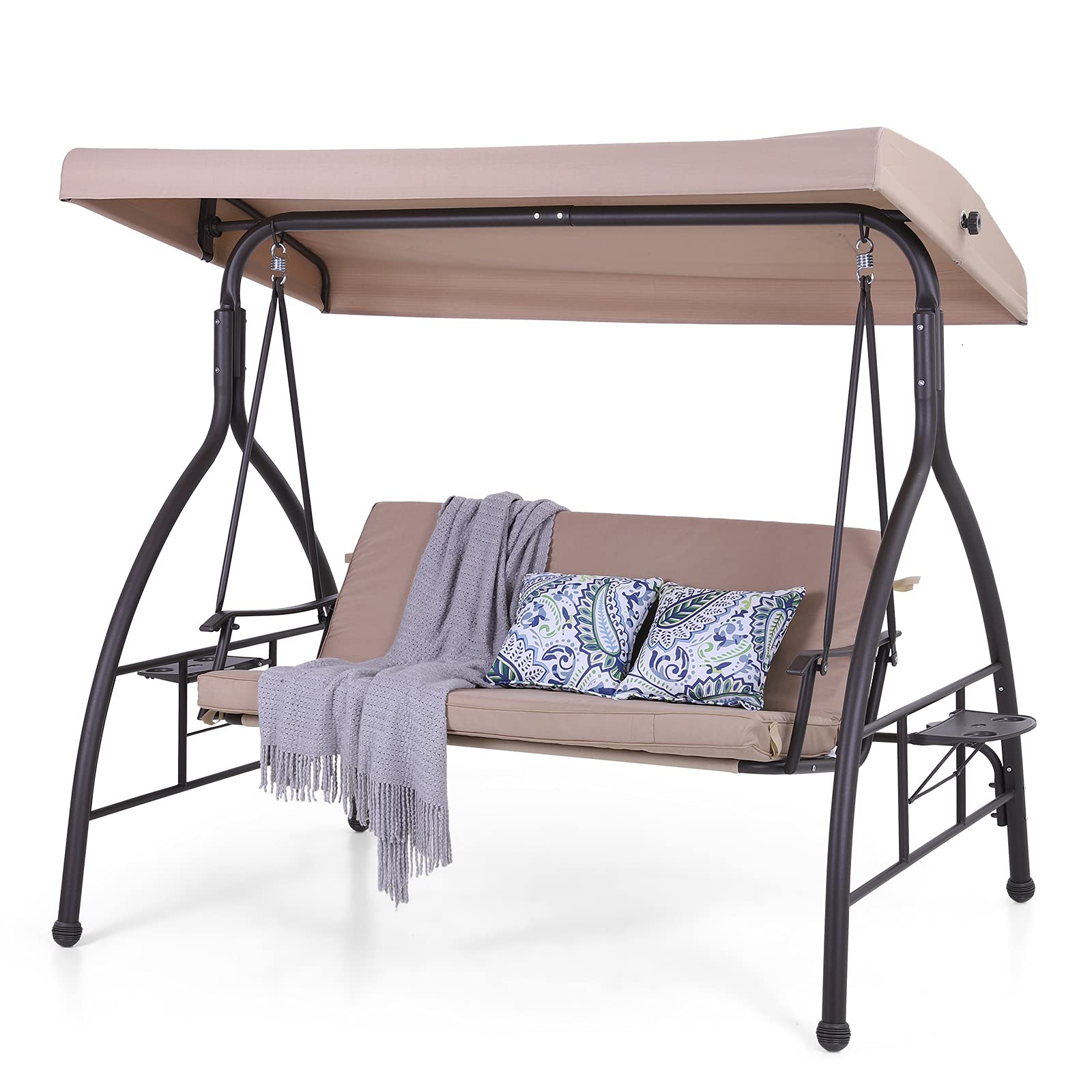 PHI VILLA 3-Seat Porch Swing with Canopy,Outdoor Swing with Retractable Side Table and Removable Cushion,Patio Swing Chair/Bench for Porch, Garden, Poolside, Balcony&Backyard,Alloy Steel Frame,Brown