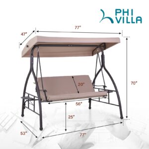 PHI VILLA 3-Seat Porch Swing with Canopy,Outdoor Swing with Retractable Side Table and Removable Cushion,Patio Swing Chair/Bench for Porch, Garden, Poolside, Balcony&Backyard,Alloy Steel Frame,Brown