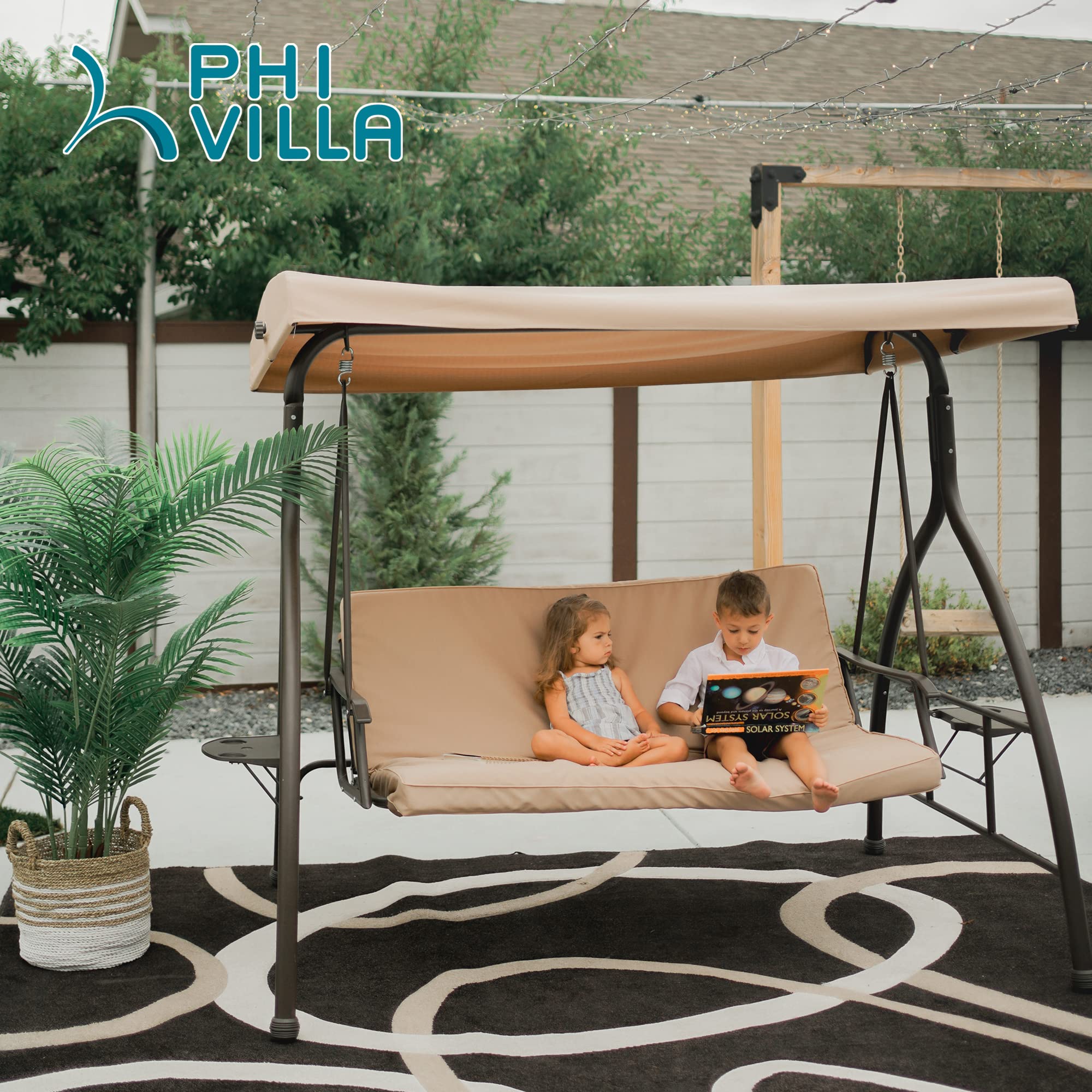 PHI VILLA 3-Seat Porch Swing with Canopy,Outdoor Swing with Retractable Side Table and Removable Cushion,Patio Swing Chair/Bench for Porch, Garden, Poolside, Balcony&Backyard,Alloy Steel Frame,Brown