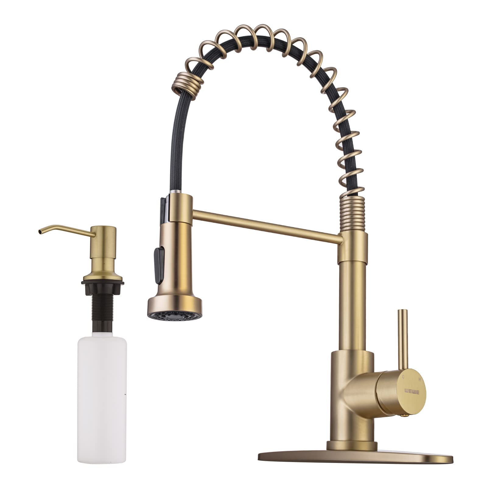 Brushed Gold Kitchen Faucet with Pull Down Sprayer, RV Brass Kitchen Faucet Stainless Steel Single Handle Spring Faucet with Deck Plate for Farmhouse Utility Sinks with Gold Soap Dispenser